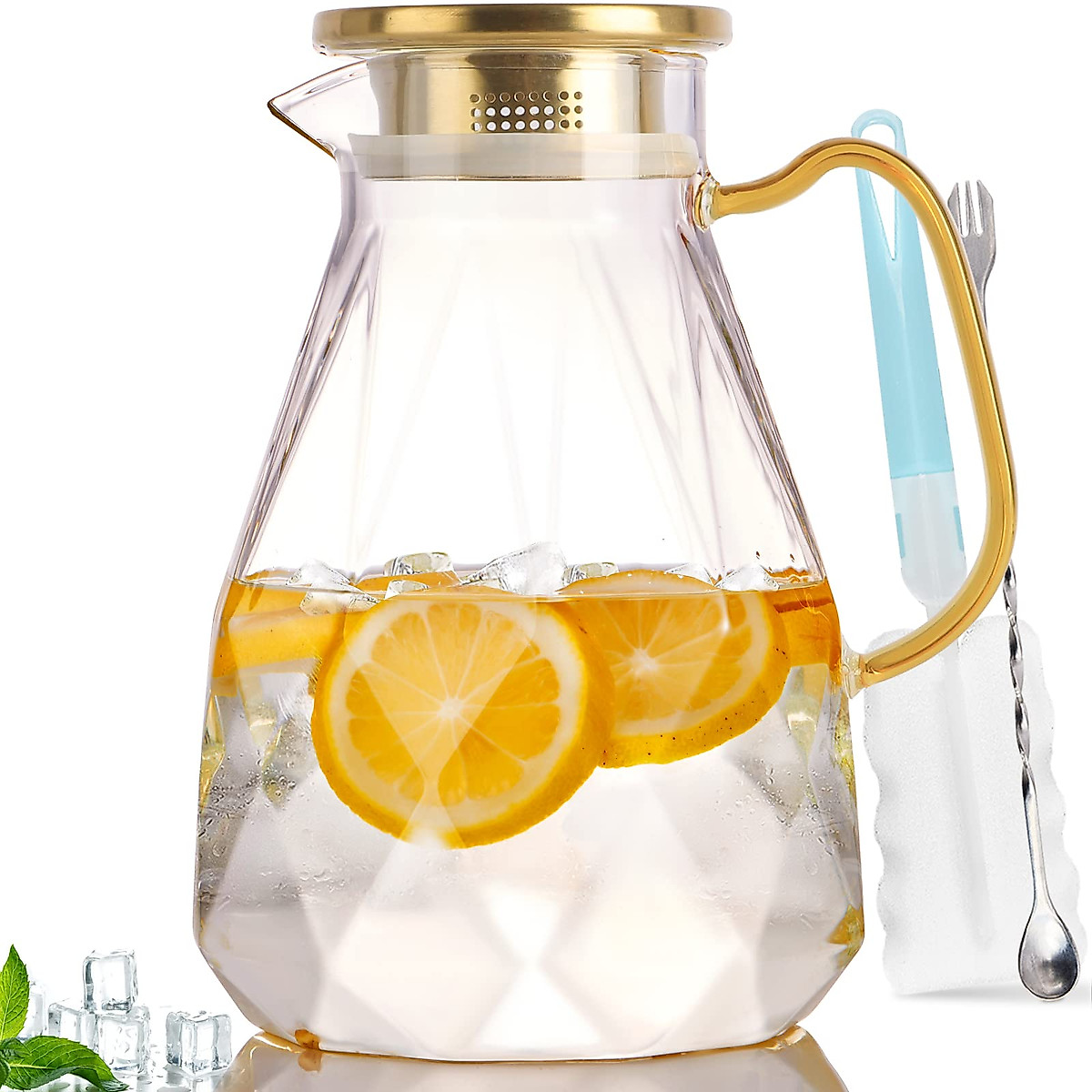 Yirilan Glass Pitcher,74oz/2.2 Liter Water Pitcher with Lid,Beverage Serveware,Iced Tea Pitcher,Water Carafe with Handle,Heat Resistant Borosilicate Water Glass Jug（with Mixing Spoon and Cup Brush）
