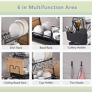 Panchydor Dish Drying Rack,2 Tier Stainless Steel Black Large Drying Rack for Kitchen Counter,Rust-Proof Automatic Draining Dish Rack with Utensil Holder,Cup Holder,Cutting Board Holder,Two Hooks