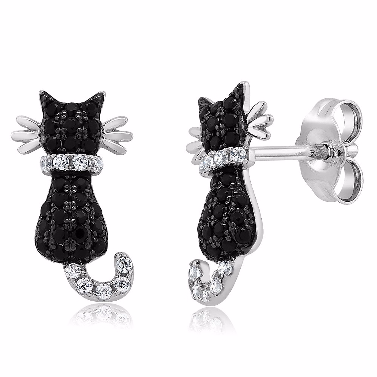 Gem Stone King 925 Sterling Silver Black and White Cubic Zirconia CZ Cat Stud Earrings For Women (0.54 Cttw, 1/2 Inch)