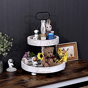 SWT8CAI 2 Tier Tray Rustic Cake Stand Farmhouse Kitchen Decor Centerpiece,Farmhouse 2 Tier Serving Tray for Coffee Bar w/Handle&1 Coaster