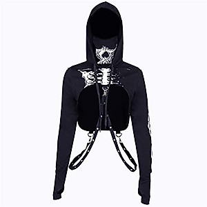 XCJIKUKE Gothic Hoodies Skeleton Sweatshirt Punk Halloween Crop Tops Long Sleeve For Women Goth Mask Sexy Rave Outfit Festival Clothing