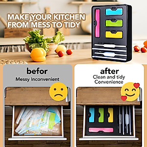 CiWiVOKi Storage Bag Organizer for Drawer, 6 in 1 Foil and Plastic Wrap Dispenser with Cutter, Plastic Kitchen Organizers and Storage for Sandwich Snack Gallon Quart Bags and 12" Aluminum Foil, Black