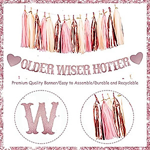Rose Gold Older Wiser Hotter Decorations, Glitter Funny Birthday Banner and Tissue Paper Tassels Garland for Girls Women Birthday Party Decorations