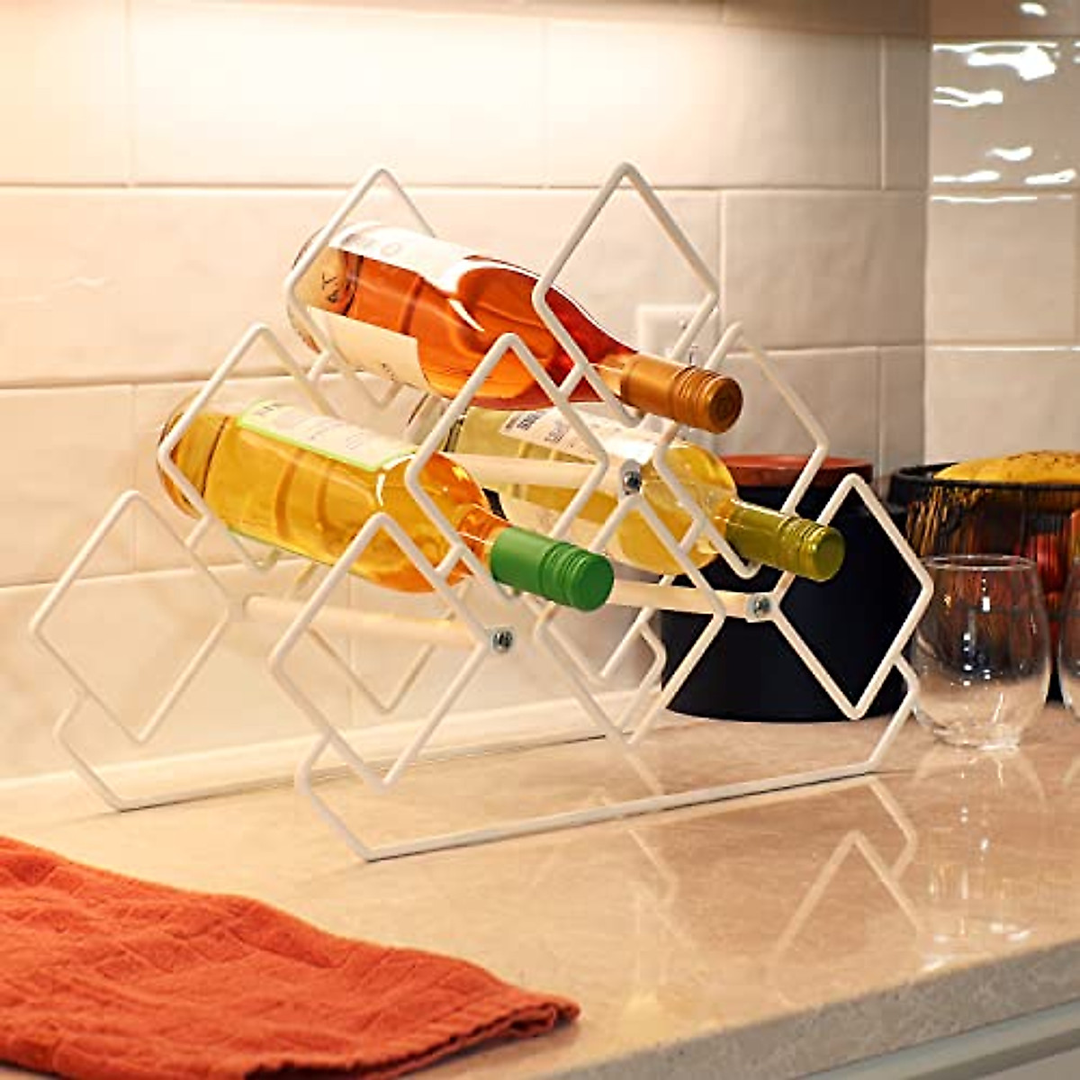 Sunnydaze Modern 6-Bottle Triangular Countertop Wine Rack - Freestanding Indoor Steel Wire Accent for Kitchen, Home Bar, or Living Room - White - 13.25-Inch H