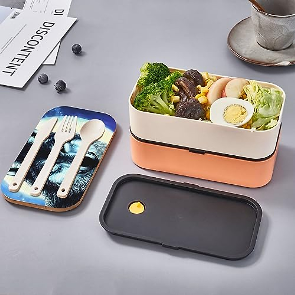 Wolf Under Moon Adult Lunch Box, Bento Box, With Cutlery Set Of 3, 2 Compartments, Rectangular, Lunch Box For Adults