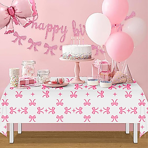 2 Pcs Pink Bow Table Cloth Rectangle Table Party Supplies Bow Theme Disposable Plastic Table Covers Waterproof Coquette Birthday Decorations for Women Girls Bridal Baby Shower Bachelorette Party Decor