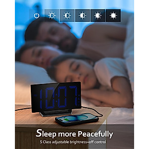 Digital Alarm Clock for Bedrooms, Digital Clock with Modern Curved Design, Conspicuous Blue LED Numbers, 6 Levels Brightness, 2 Volume, 3 Alarm Tones, Snooze, Power-Off Memory, 12/24H, Bedside Clock