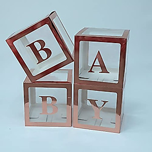 Rose Gold Baby Shower Boxes Party Decorations 4 Clear & Transparent Blocks, First Birthday Centerpiece Decor Supplies for Boys and Girls, Gender Decor (Rose gold)