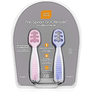 NumNum Pre-Spoon GOOtensils | Baby Spoon Set (Stage 1 + Stage 2) | BPA Free Silicone Self Feeding Toddler Utensils | for Kids Ages 6 Months+, 1-Pack, Two Spoons, Frosty Lilac/Rosebud