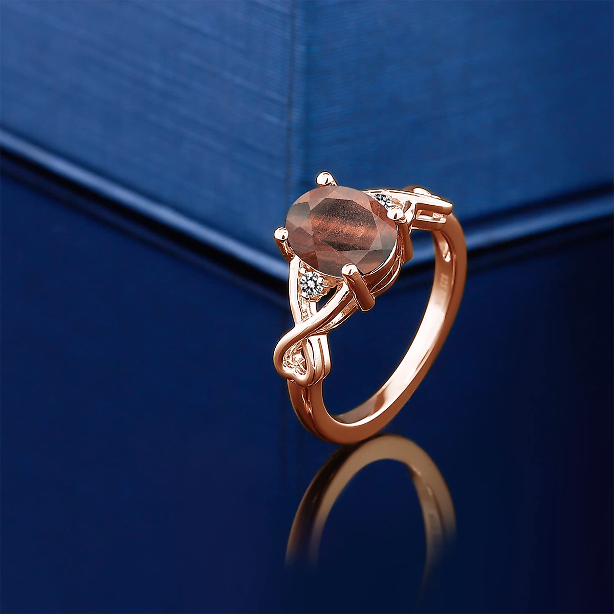 Gem Stone King 1.56 Ct Oval Red Tiger Eye White Diamond 18K Rose Gold Plated Silver Ring (Size 9)