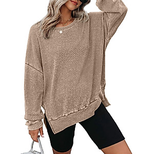 Dokotoo Womens Sweatshirt for Women 2024 Oversized Waffle Knit Crewneck Sweatshirt Long Sleeve Shirts Casual Loose Fit Lightweight Athletic Pullover Tunic Tops to Wear with Leggings Brown Large