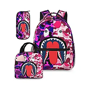 YBYGBB Backpack Shark Teeth Camo Backpacks Set with Lunch Box Pencil Case Travel Laptop Daypack Big Capacity Bookbag Fashion Durable Back Pack PINK