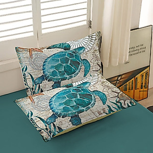 MUSOLEI Ocean Comforter Set Turtle Comforter Set, Sea Turtle Bedding Collections Soft for Teen Boys Turquoise Ocean Themed Mediterranean Style Printed Design Quilt Set Queen Size Comforter（Queen）