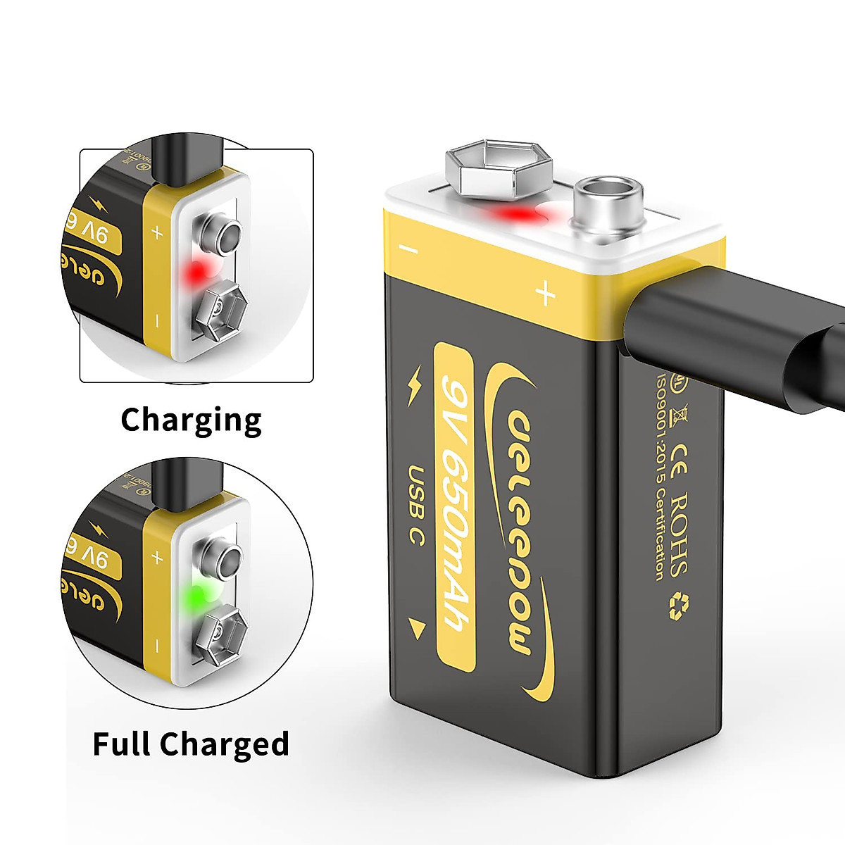 Deleepow Rechargeable 9V Batteries USB C 650mAh, 9V Lithium Batteries Rechargeable 800 Cycle with USB Cable
