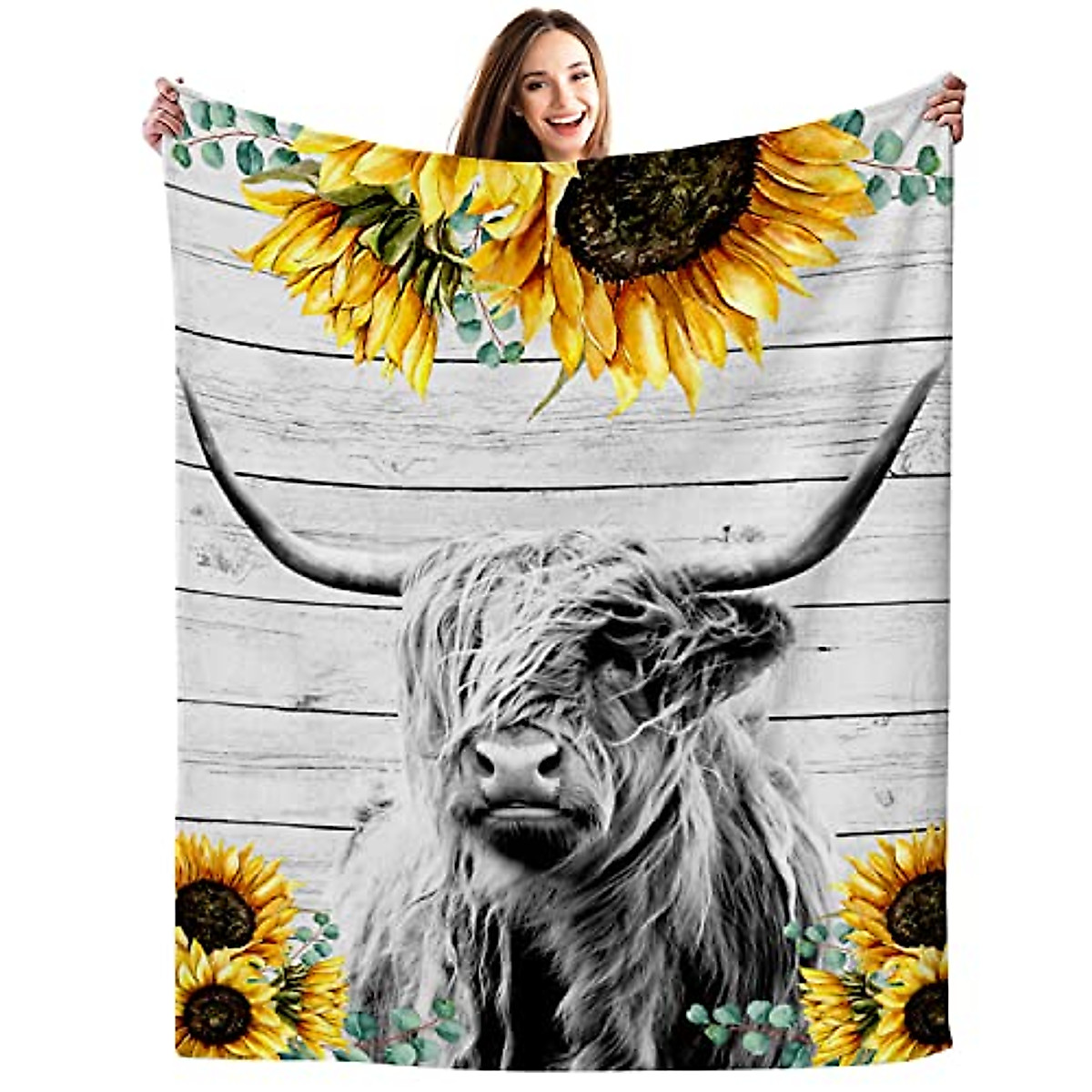 Highland Cow Blanket Super Soft Flannel Sunflower Cow Throw Blanket Warm Lightweight Blanket for Adults Kids Gifts 50"X40"