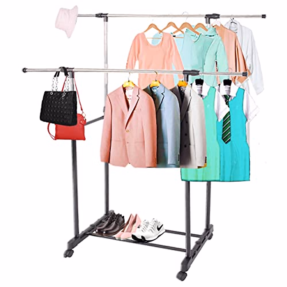 Small Clothing Rack for Hanging Clothes Wardrobe Rack Garment Rack Hanging Rack Rolling Closet with Wheels Double Rod Clothing Display Rack Cost Free of Storage Basket Cube Storage Bin (Garment Rack)