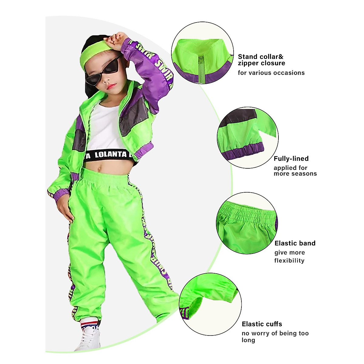 LOLANTA Girls Dance Clothing Set, Hip Hop Modern Jazz Team Performance Costume, Girls Dance Wear Sets (Green, 5-6)