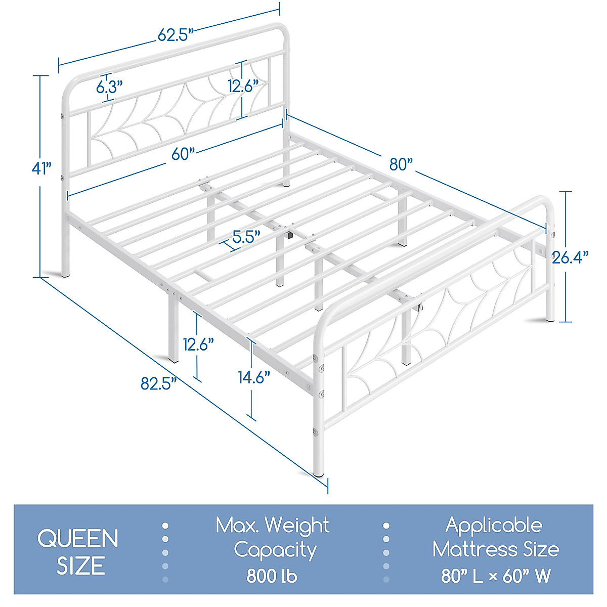 Topeakmart Queen Bed Frames Metal Platform Bed with Sparkling Star-Inspired Design Headboard and Footboard/13 Inch Underbed Storage/No Box Spring Needed/Sturdy Slat Support, White Queen Bed