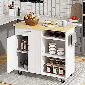 JY QAQA 42" Kitchen Island on Wheels with Storage Cabinet Kitchen Cart Cabinet with Shelves, Cart Handle for Towel Rack or Free Mobility, Portable Islands for Kitchen