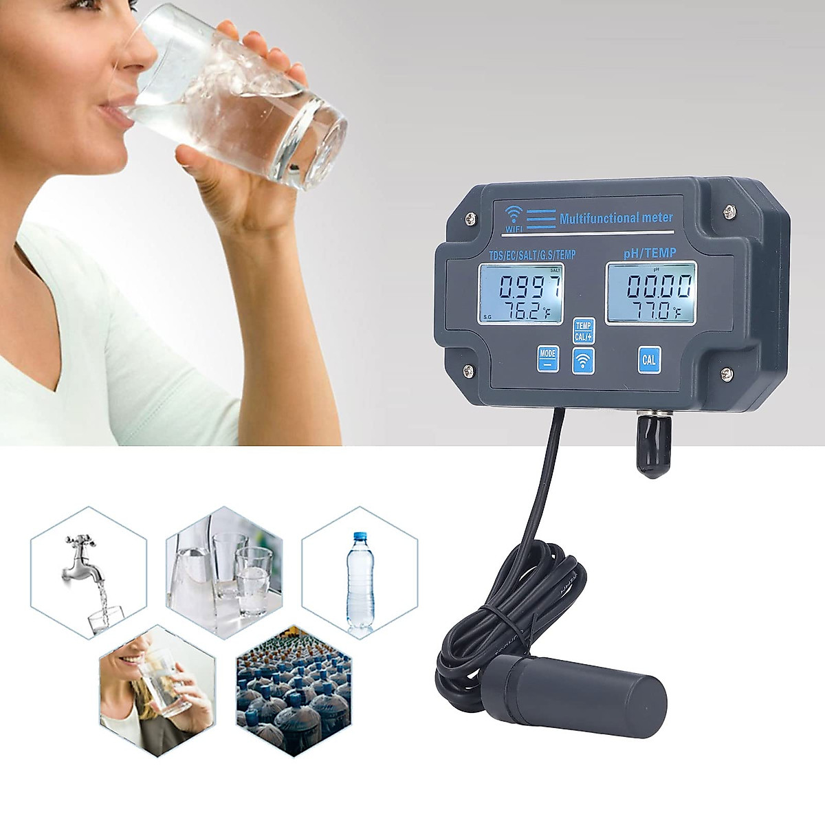 PHW3988 Multiparameter Water Quality Tester, Water Quality Detector APP Remote Control EC Salt S.G Temperature Meter Online Monitor