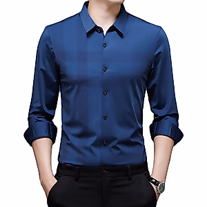 Men Plaid Wrinkle Free Dress Shirt Turn-Down Collar Button Down Business Shirts Casual Slim Fit Long Sleeve Shirts (Blue 1,4X-Large)
