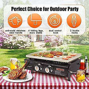 QuliMetal Portable Griddle Flat Top Grill 22 Inch Table Top Griddle 2 Burner Propane Grill with Carry Bag Outdoor Griddle Camping Griddle 24,000 BTU 348 Sq 304 Stainless Steel for Party Tailgating