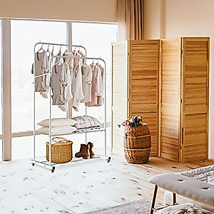 Metal Clothes Hanging Rolling Garment Rack with 2 Tier Shelves and Double Rod, Multi-Purpose Double Rail Standing Closet Storage Organizer, Upgrade Heavy Duty Rolling Pipe Coat Hanger for Boxes Shoes