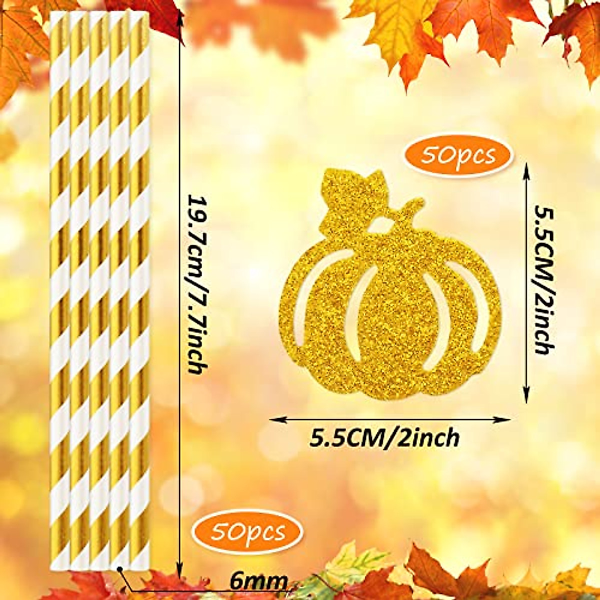 Whaline 50Pcs Thanksgiving Fall Pumpkin Paper Straws Glitter Gold Foil White Stripe Disposable Straws Fall Harvest Drinking Straws with Glue Points for Autumn Thanksgiving Wedding Party Table Decor