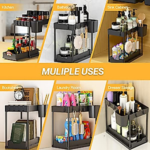 2PCS Under Sink Organizers and Storage, 2 Tier Under Sink Organizer with Sliding Drawers & Hooks & Hanging Cup, Multi-purpose Bathroom Storage Cabinet Organizer Shelf for Pantry, Bathroom, Kitchen