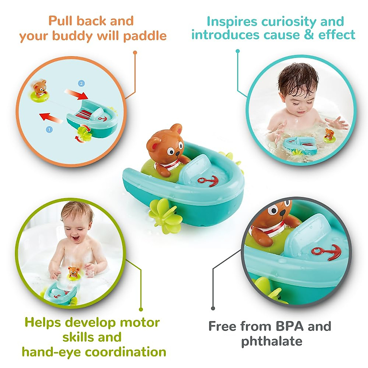 Hape Tubing Pull-Back Boat Bath Toy| Teddy Bear Floating Paddle Boat Bath Toy| Bathtub Shower Toy for Toddlers