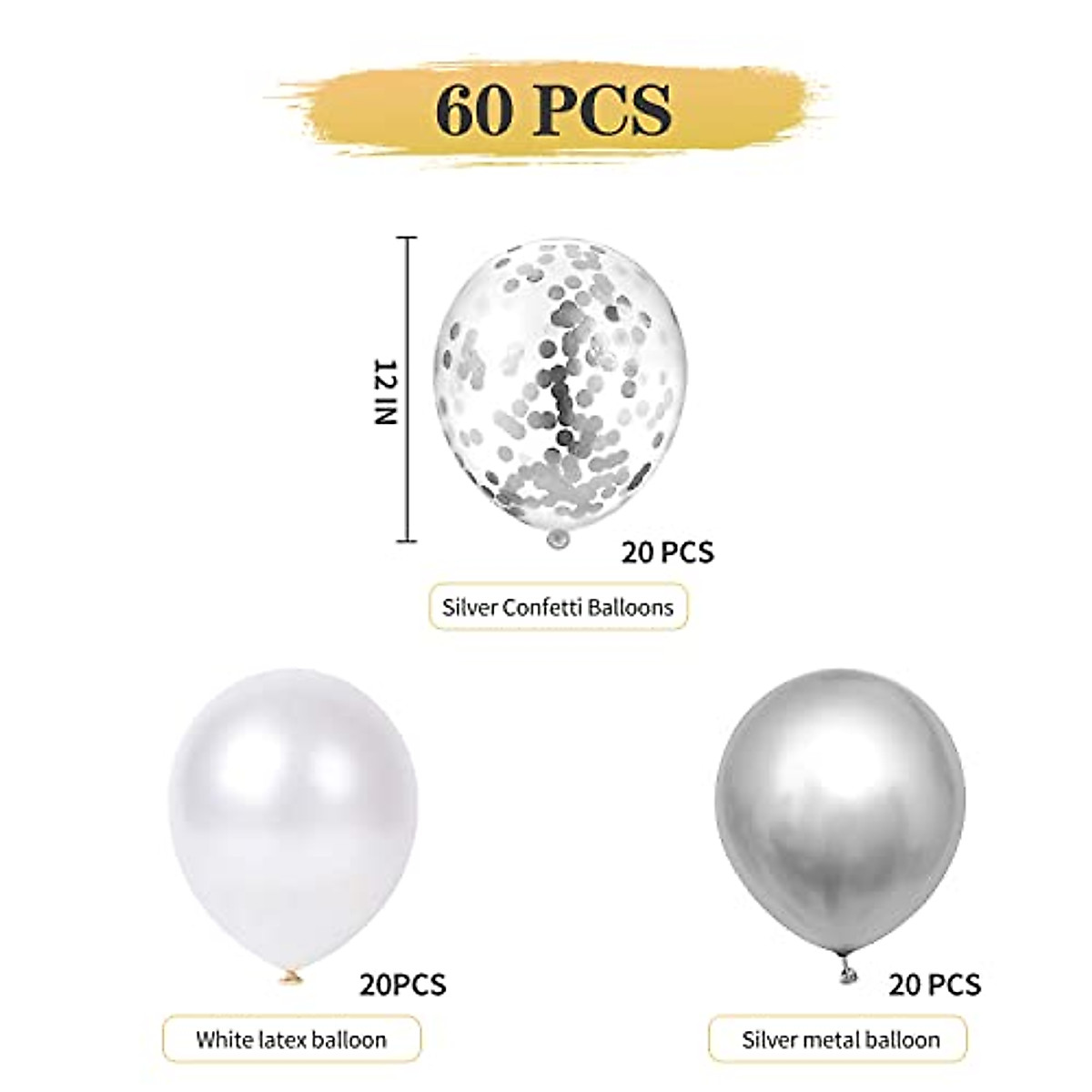 60 PCS White Silver Confetti Latex Balloons, 12 inch Silver Metallic Balloon with White Latex Balloons for Wedding Birthday Baby Shower Decorations