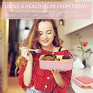 Porzu Bento Lunch Box, 1400 ML Lunch Box Meal PrepFor Kids & Adults，3 Compartments Portable Food Container with Utensil (Pink)