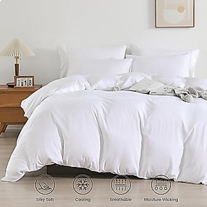 Rosecret Queen Size Duvet Cover Set,White Duvet Cover Queen Bedding Set Soft and Cooling,100% Viscose Derived from Bamboo,1 Duvet Cover 2 Pillowcases with Corner Ties,Button Closure,White(Full/Queen)