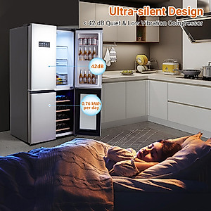 Takywep 4 Door French Door Refrigerator, 21 Cu.Ft Counter Depth Stainless Steel Refrigerators, Multifunctional Fridges with Freezer, Refresh, and Wine Cooler for Kitchen, Bedroom, Office, Dorm