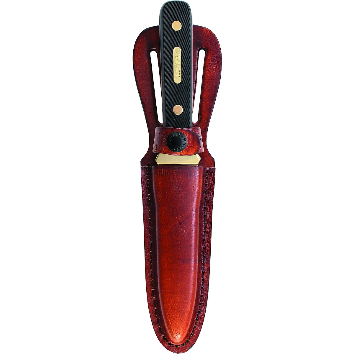 Old Timer 162OT Boot Knife 7.8in High Carbon Stainless Steel Full Tang Fixed Blade Knife with 3.8in False Edge Blade, Black Sawcut Handle, and Leather Belt Sheath for Camping, Hunting, and Outdoors