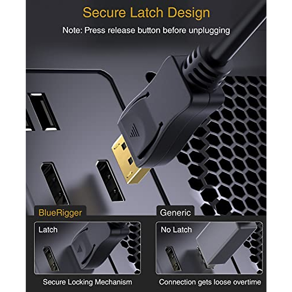 BlueRigger 8K DisplayPort Cable 1.4 (10FT, 32.4Gbps, HDR10+, DP to DP, 8K@60Hz, 4K@144Hz, 2K@165Hz, 1080p@240Hz) Display Port 144Hz per VESA Specifications for Laptop PC Graphics Card, Gaming Monitor