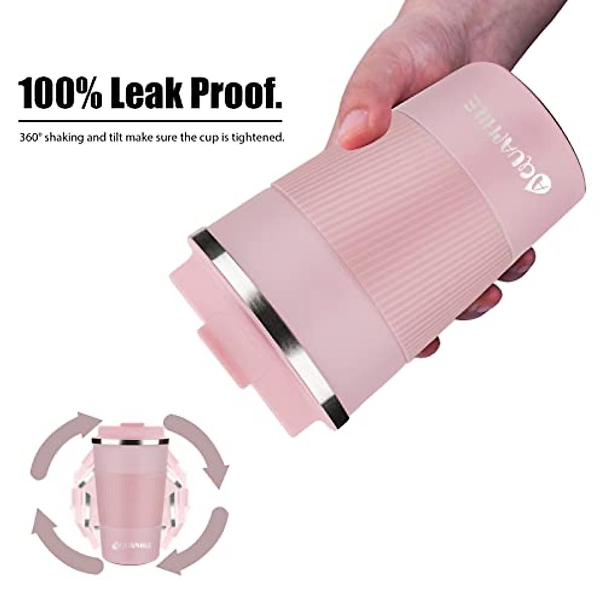 AQUAPHILE Reusable Coffee Cup, Coffee Travel Mug with Leak-proof Lid, Thermal Mug Double Walled Insulated Cup, Stainless Steel Portable Cup with Rubber Grip, for Hot and Cold Drinks(New-Pink, 12 Oz)