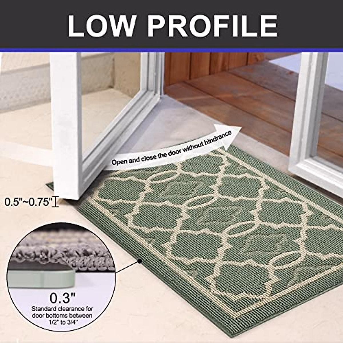 Indoor Door Mat, Non-Slip Mats Rubber Backing Front Back Door Mat, Low-Profile Entrance Rug, Absorbent Resist Dirt Doormat Machine Washable Inside Floor Shoe Doormats for Entryway (Green, 20"x32")