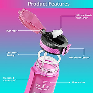 QLUR Water Bottle with Straw, 32 oz Motivational Water Bottles with Time Marker to Drink, Tritan BPA Free, 1L Sports Water Bottle with Carry Strap LeakProof for Women Gym Fitness Outdoor (1 Pack)
