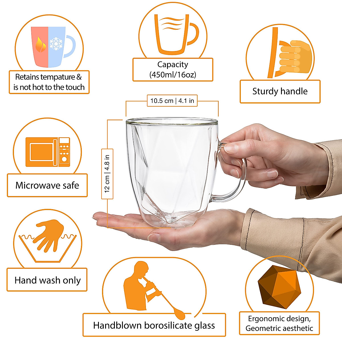 Double Wall Glass Coffee Mugs 16 oz - Large Clear Set of 2 - Patent Pending Geometric Modern Novelty Design - Insulated & Double Walled Glass Coffee Mugs. Ideal for Latte & Cappuccino