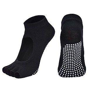 Vanktion 2 Pairs Toeless Yoga Socks Non-Slip Grips for Pilates Ballet Dance Barefoot Workout Cotton Open Toe Women Sports Socks (Black & Grey)