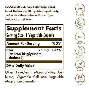 Solgar Gentle Iron (Iron Bisglycinate) 25 mg - 180 Vegetable Capsules - Non-Constipating, Gentle on Your Stomach - Non-GMO, Gluten Free - 180 Servings