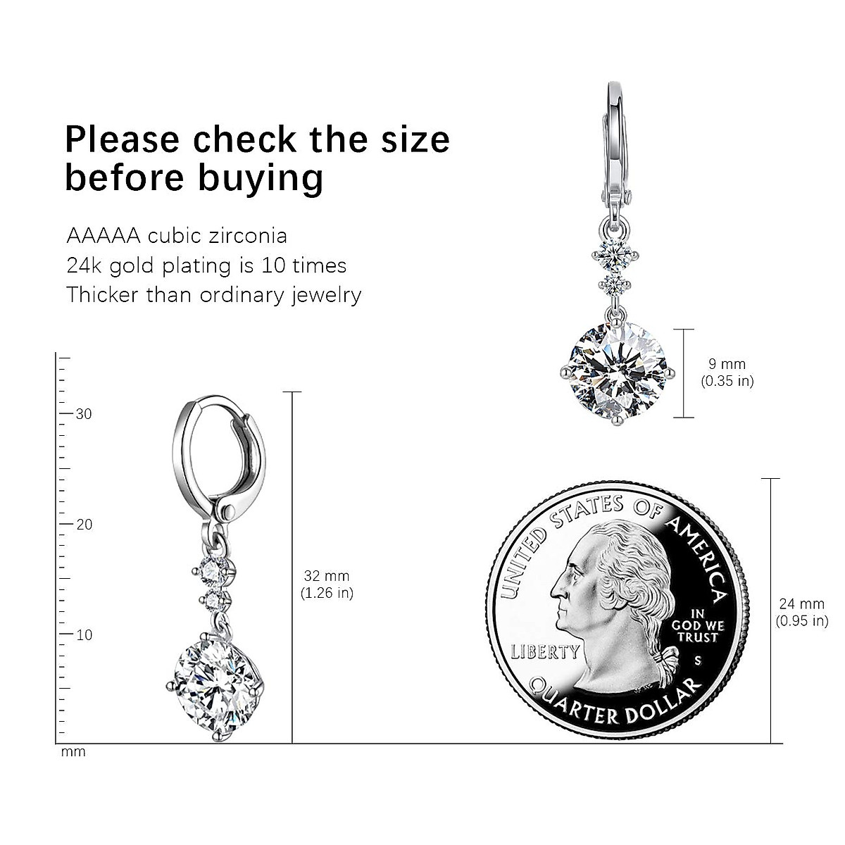 Drop Dangle Earrings Leverback 9MM 2.75ct and 2pcs Small CZ Cubic Zirconia Design 15K White Gold Plated with Hypoallergenic Hoops Gorgeous Gift for Women