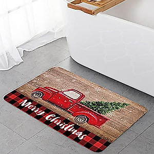 Christmas Bath Rugs Red Truck With Xmas Tree Sponge Doormat Absorbent Non Slip Durable Flannel Mat Red Black Check Plaid Retro Wood Grain Christmas Memory Foam Mats for Bathroom Kitchen 18 x 30 inches