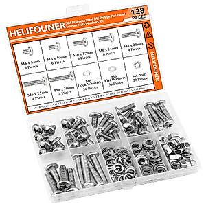HELIFOUNER 128 Pieces M6 x 8mm /10mm /12mm /16mm /20mm /25mm /30mm, Phillips Pan Head Machine Screws, Metric Screws Bolts Washers Nuts Kit, 304 Stainless Steel