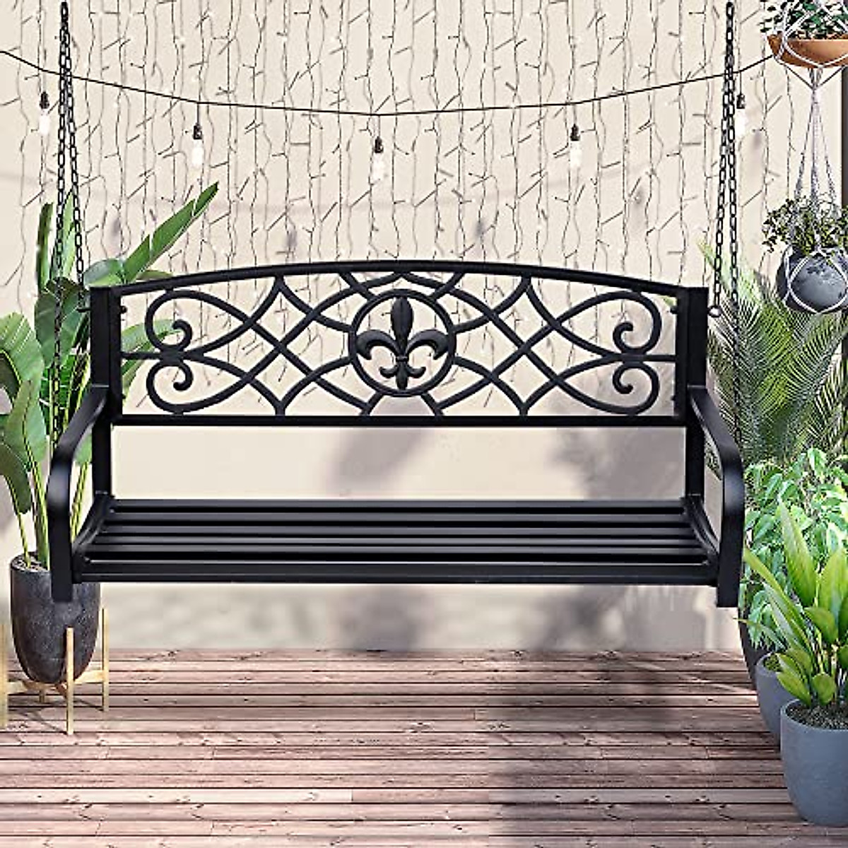 Outsunny 2-Person Porch Swing, Hanging Steel Patio Swing, Outdoor Swing Bench with Fleur-de-Lis Design for Garden Deck, 528 LBS Weight Capacity, Black