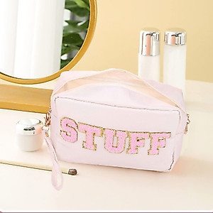 oaesc Nylon Cosmetic Bag Chenille Letter Patches Waterproof Travel Pouch Snack Makeup with Wrist Strap for Women (Beige-STUFF)