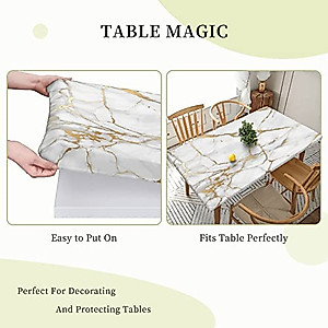 mutakin Marble White Rectangle Tablecloth Reusable Elastic Edge Table Cover Waterproof for Patio Dining Decoration 60" L X 30" W
