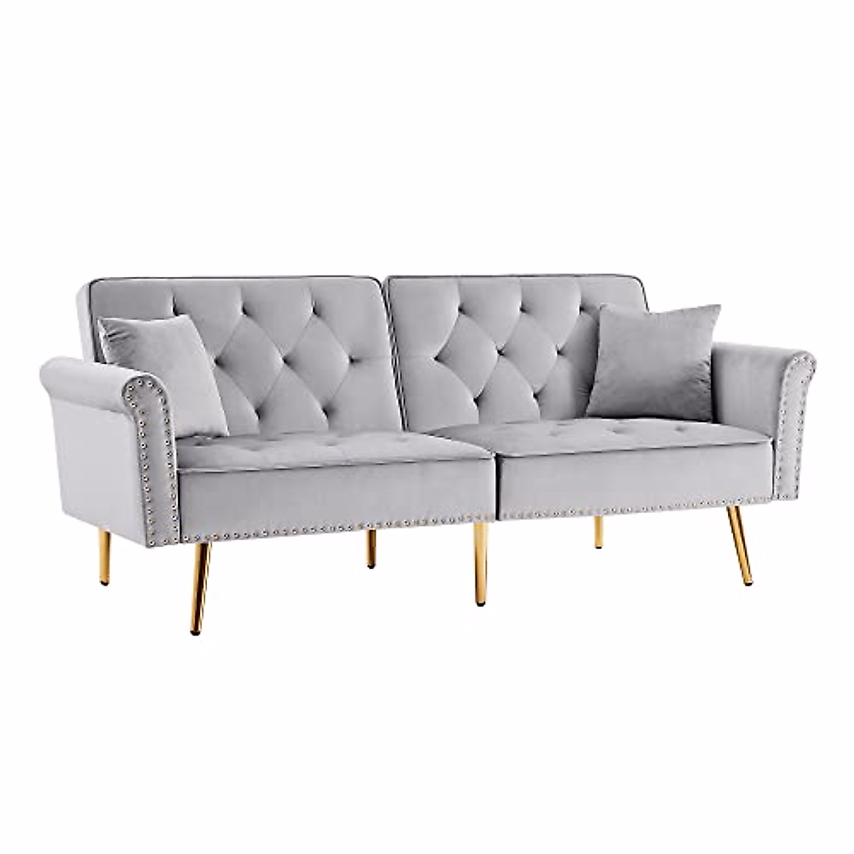 Kakotito Tufted Velvet Sofa Bed Sleeper with 2 Pillows, Luxury Loveseat Couch, Splitback Futon for Living Room & Office, Convertible Futon with Vintage Nailhead Trim and Metal Legs (Gray)