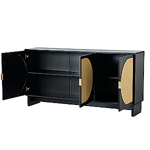 Accent Storage Cabinet with Rattan Door Freestanding Storage Sideboard with Adjustable Shelves Mid Century Modern Entryway Cabinet for Living Room, Hallway, Dining Room (Black)